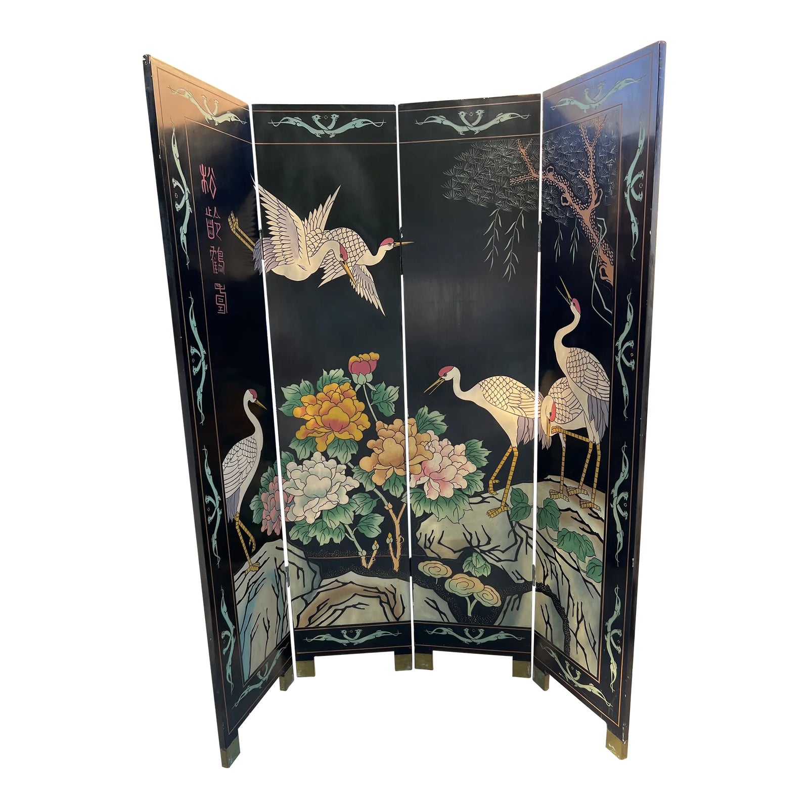 Coromandel Vintage Asian Crane Screen With Greek Key | Chairish