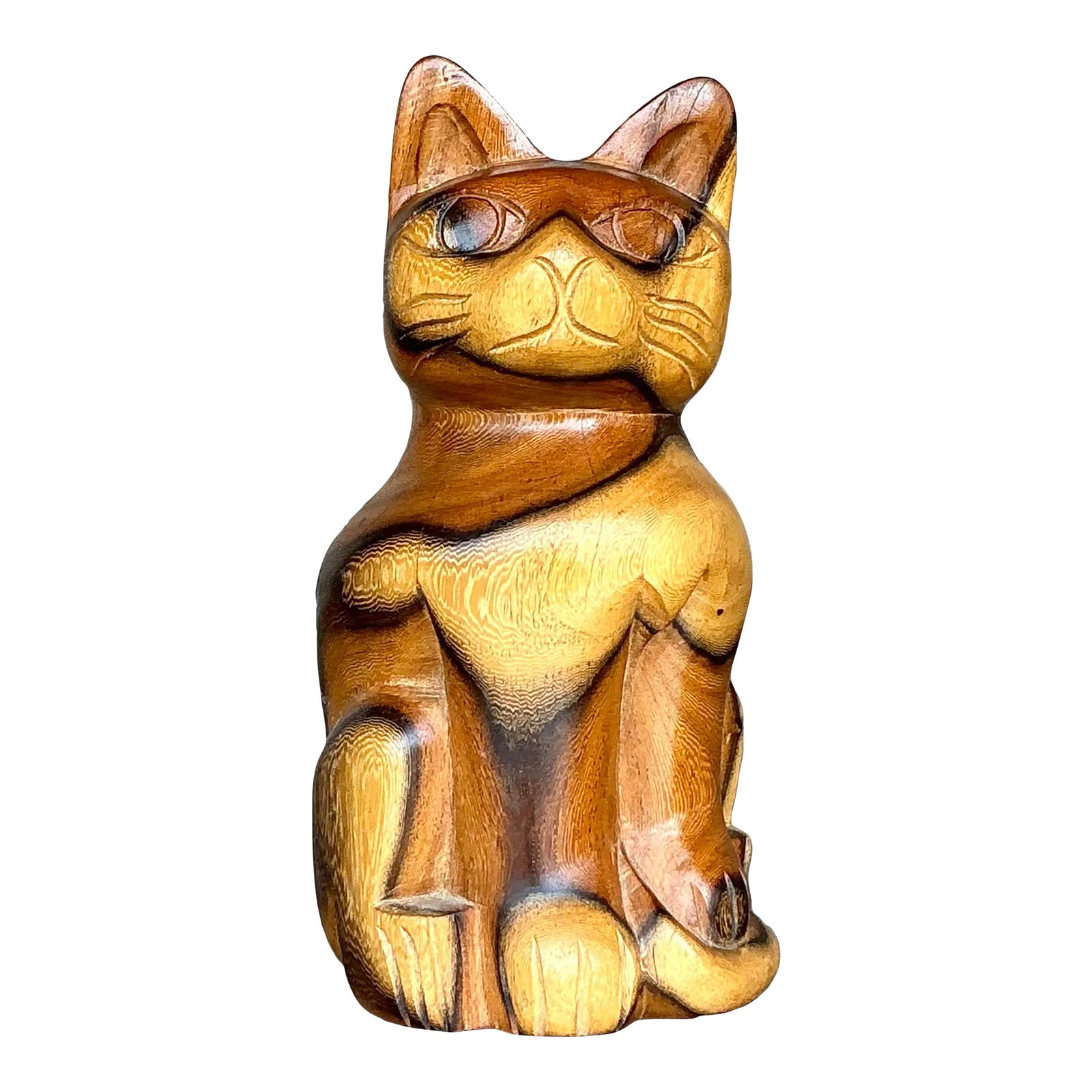 Vintage Boho Carved Wood Cat | Chairish
