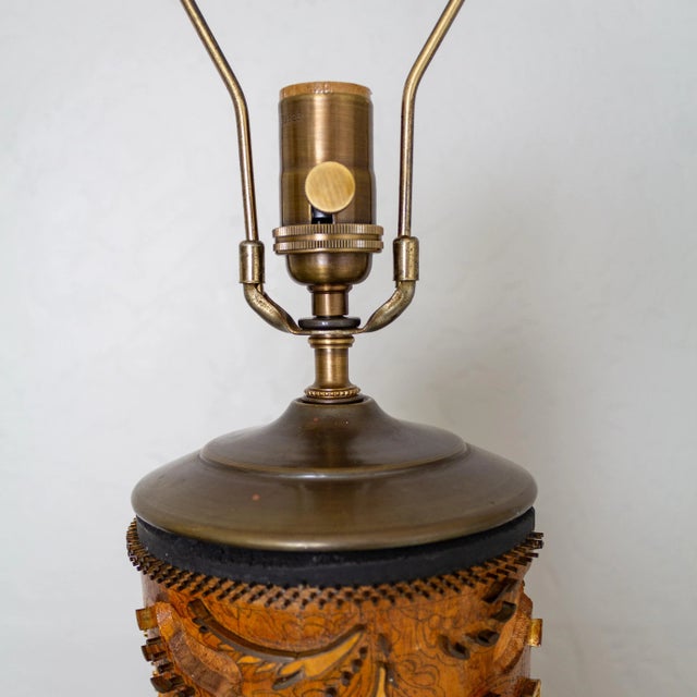 19th Century Belgian Carved Wood and Brass Wallpaper Roll Lamp | Chairish
