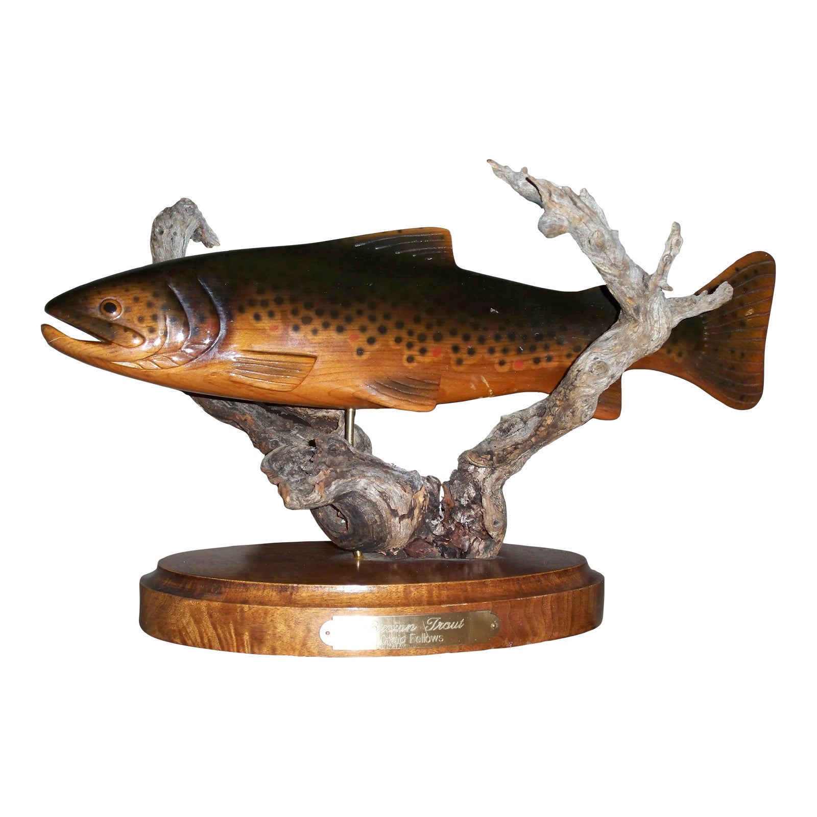 Late 20th Century Brown Trout Wood Sculpture by Craig Fellows | Chairish