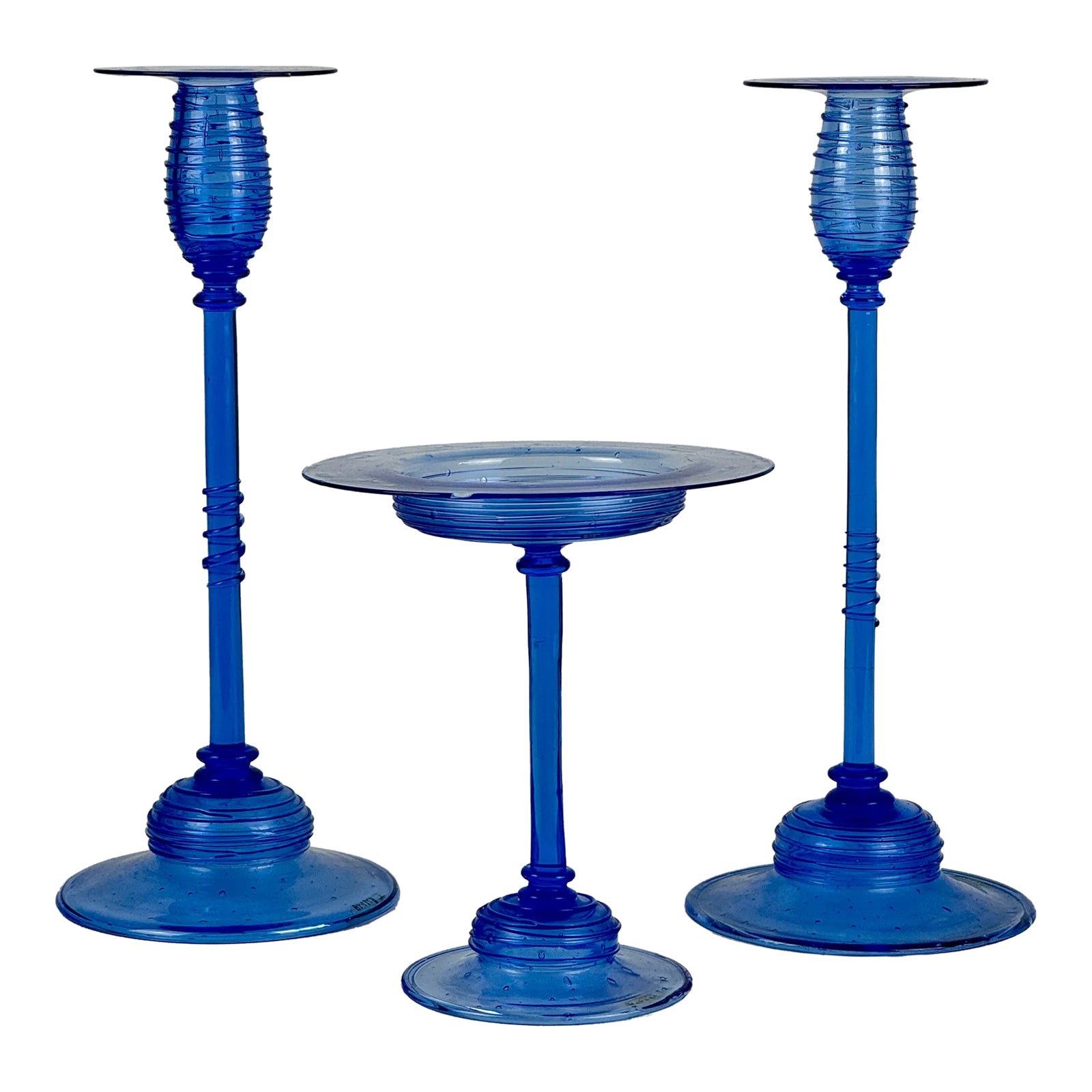 Set of 3 Vintage Steuben Glass Works, 2 Candlestick & a Compote, Reeded ...