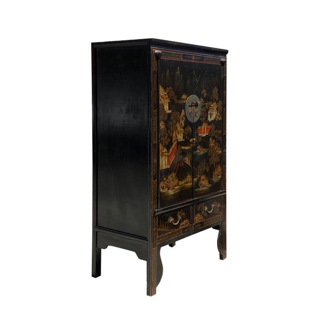 Chinese Distressed Black Color Scenery Moon Face Wardrobe Cabinet ...