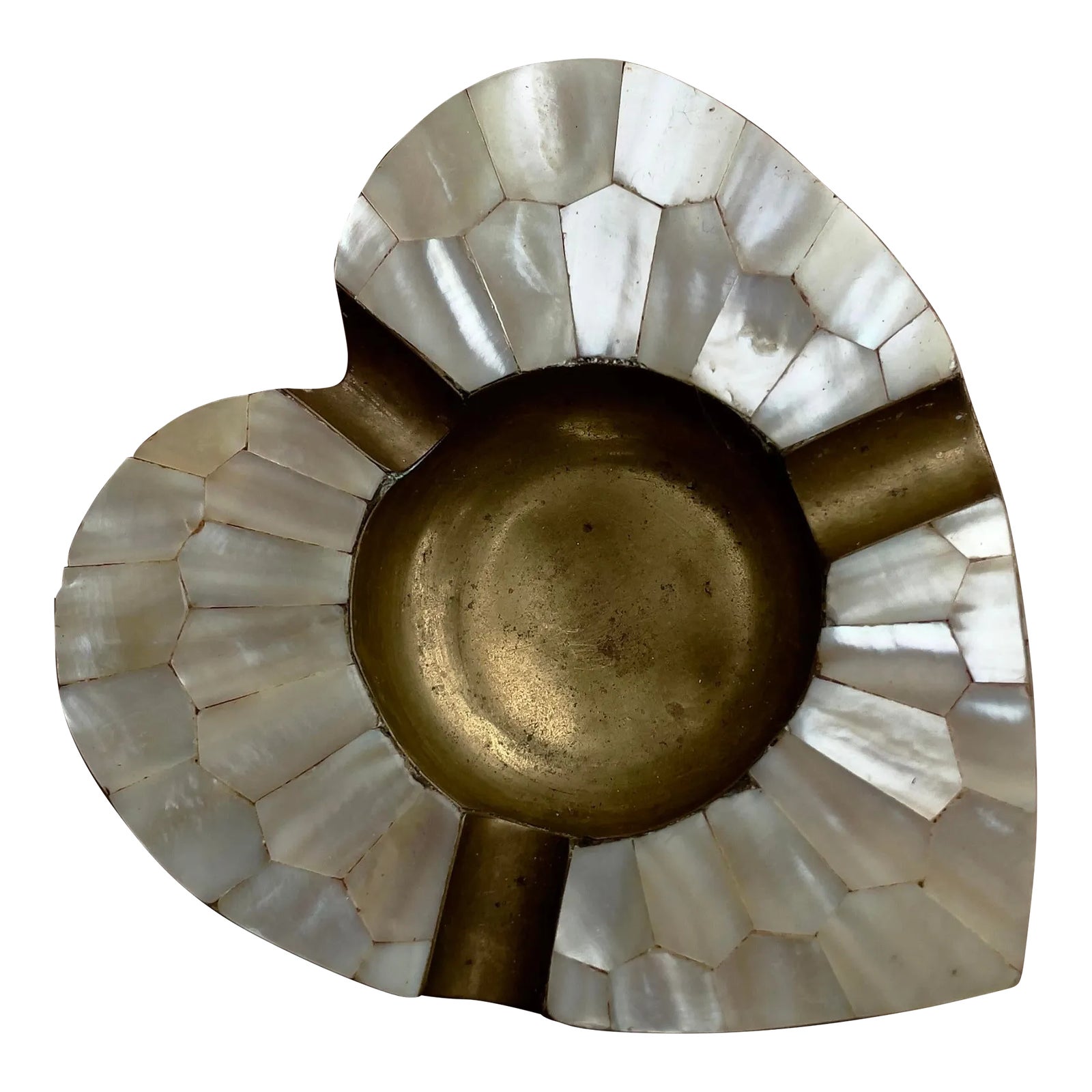 Vintage Heart Shaped Brass & Mother of Pearl Ashtray | Chairish