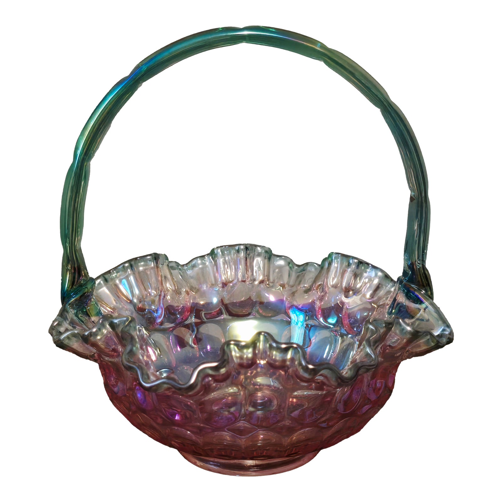 Mid-Century Fenton Glass Basket – Iridescent Pink, Signed by Bill ...