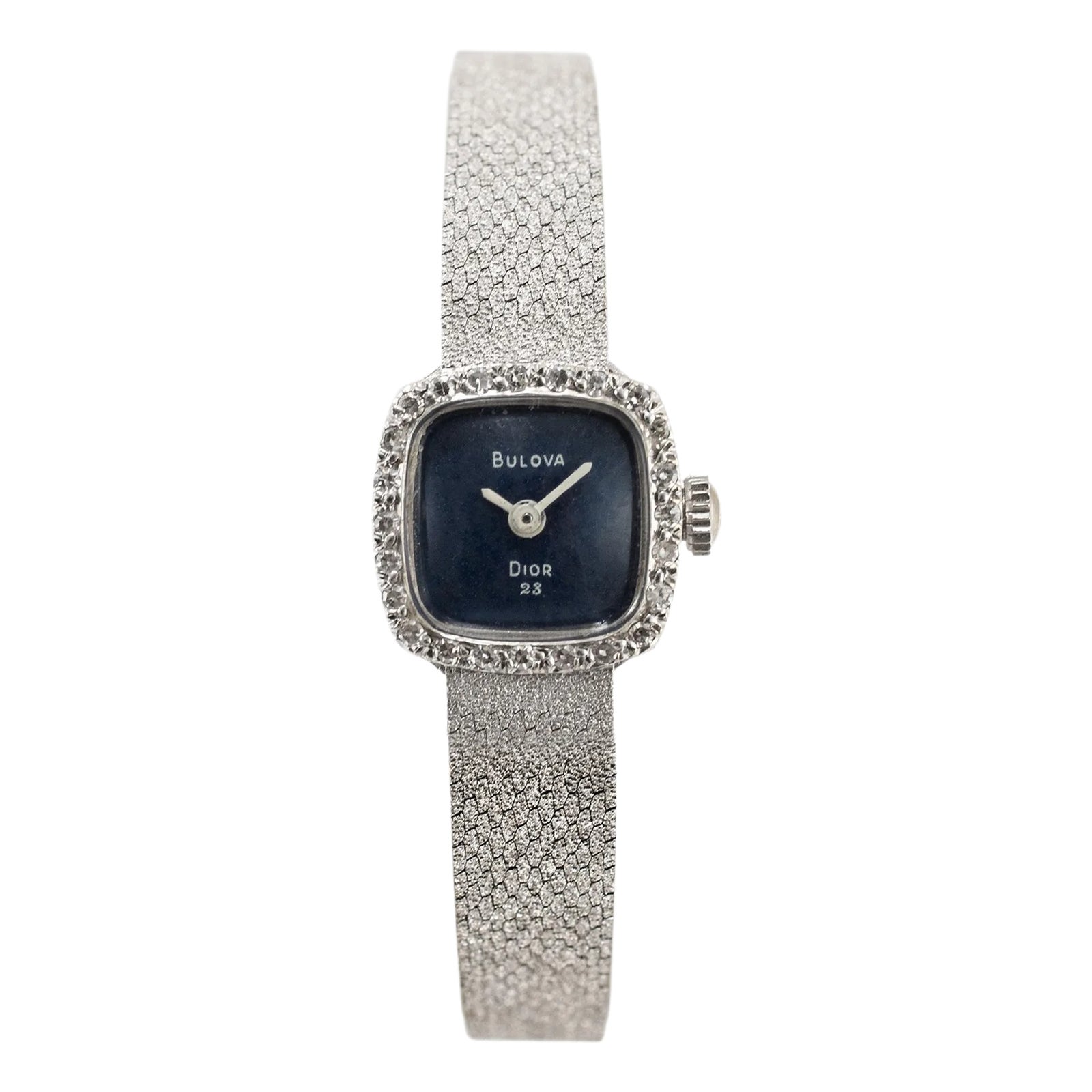 Vintage Dior Bulova 23 Blue Diamond Bezel Manual Winding 14k White Gold ...