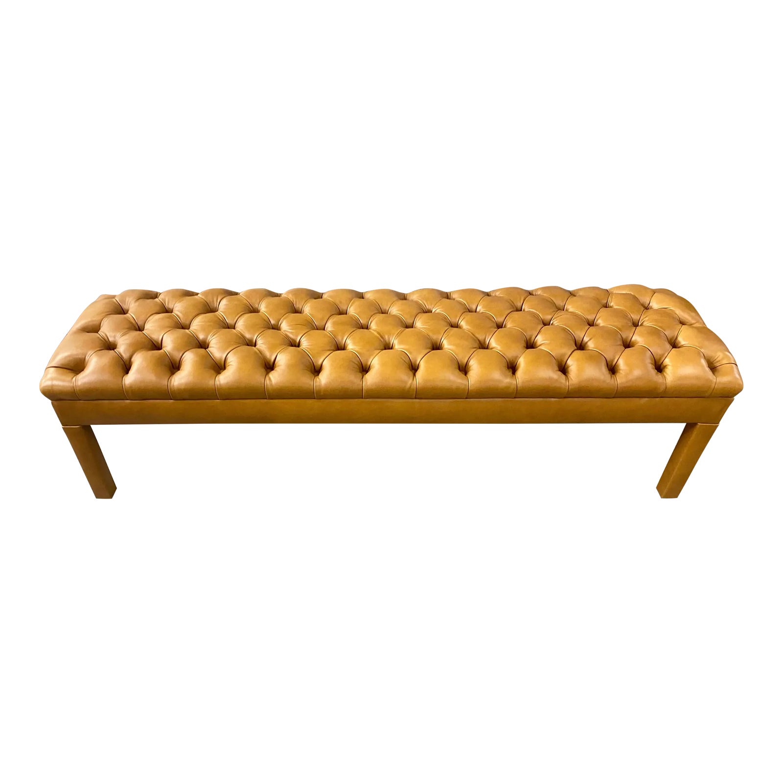 Tufted Caramel Leather Bench With Pleated Corners | Chairish