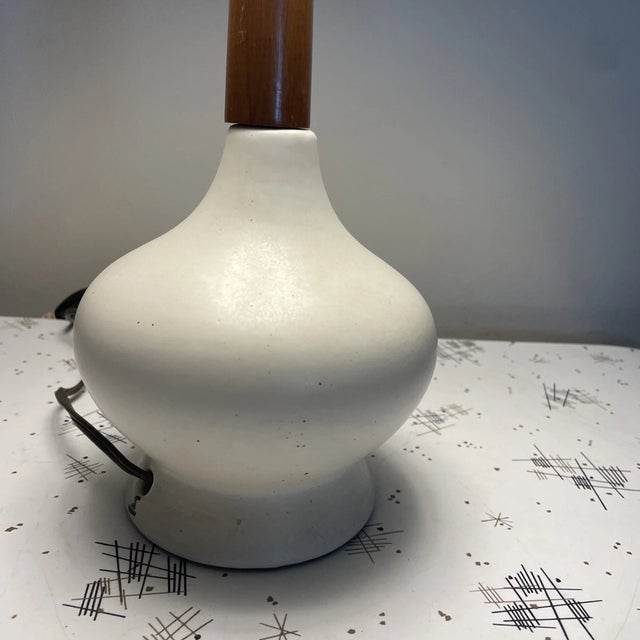 Vintage Danish Modern Style Leviton Ceramic & Wood Table Lamp | Chairish