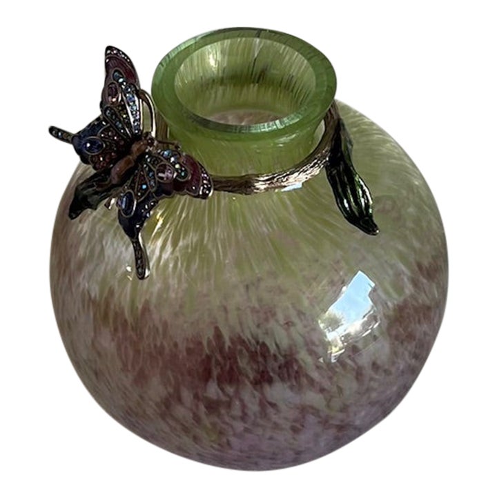 Jay Strongwater, Blown Glass Vase With Butterfly/Vine Pendant | Chairish