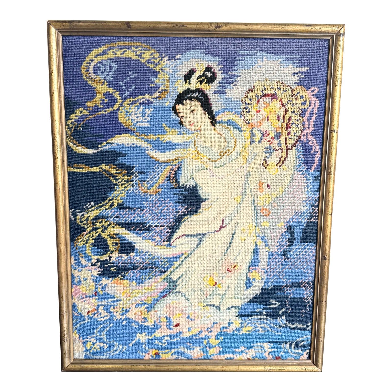 Vintage Chinoiserie Needlepoint of Dancing Woman | Chairish