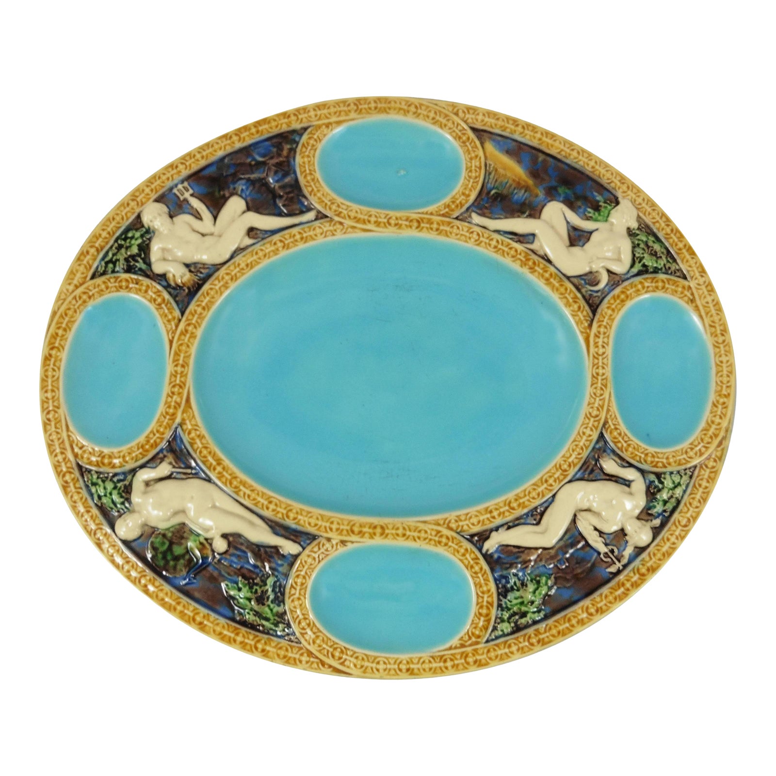 1865 Majolica Turquoise Neptune Platter Minton | Chairish