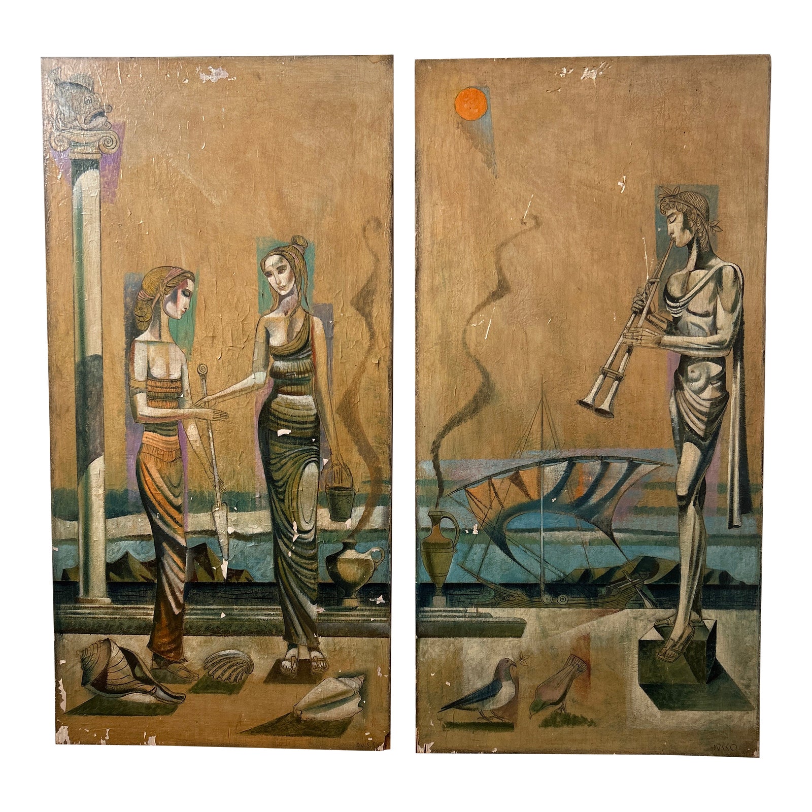 Mid 20th Century Leon Dusso Diptych, Paintings Oil on Wood- Set of 2 ...