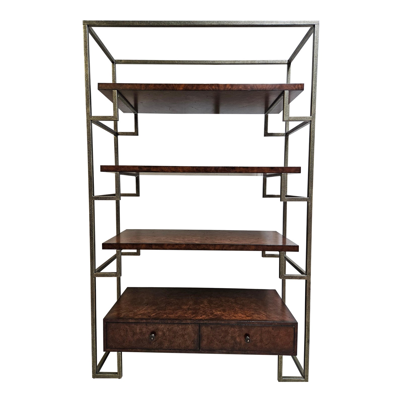 Theodore Alexander Distressed Burlwood Etagere Bookcase Bookshelf Hutch ...