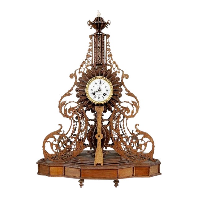 Carved Exotic Wood Mantel Clock From the Late 19th Century | Chairish