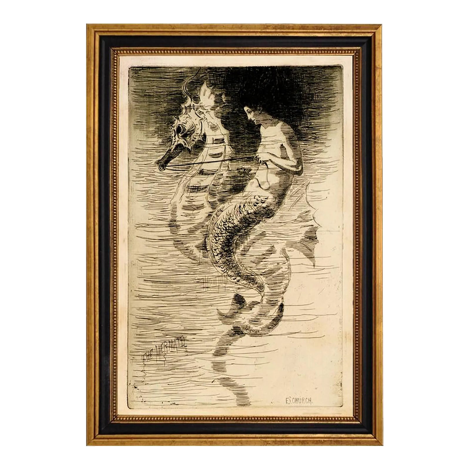 Mermaid and Sea Horse Illustration Framed Reproduction Print | Chairish