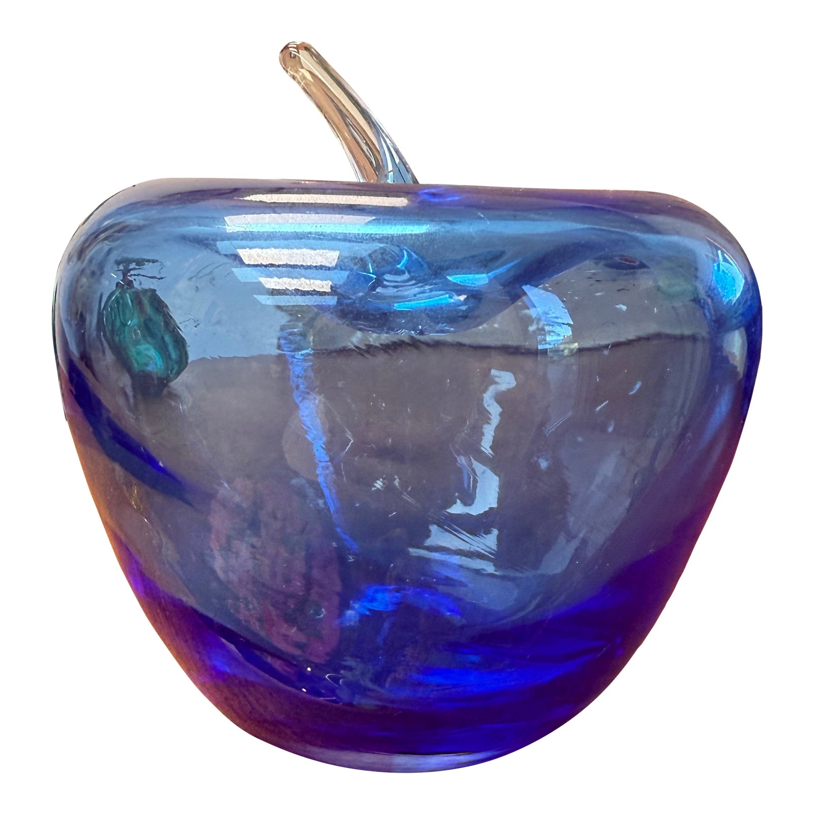 1980s Blenko Blue Apple With Clear Stem, Original Label | Chairish