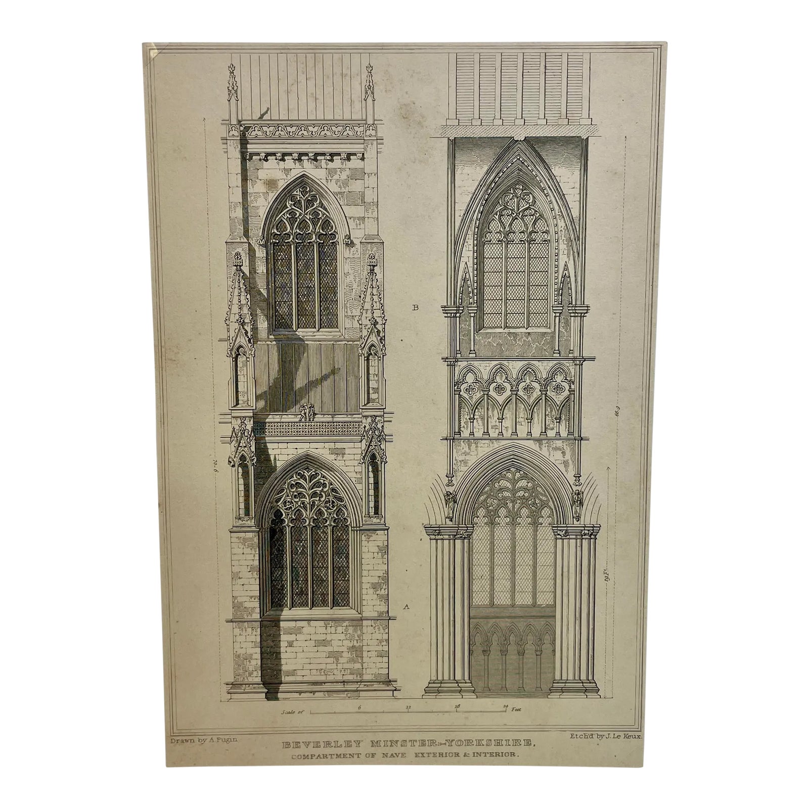 Antique Architectural Print of the Exterior & Interior Nave of the ...