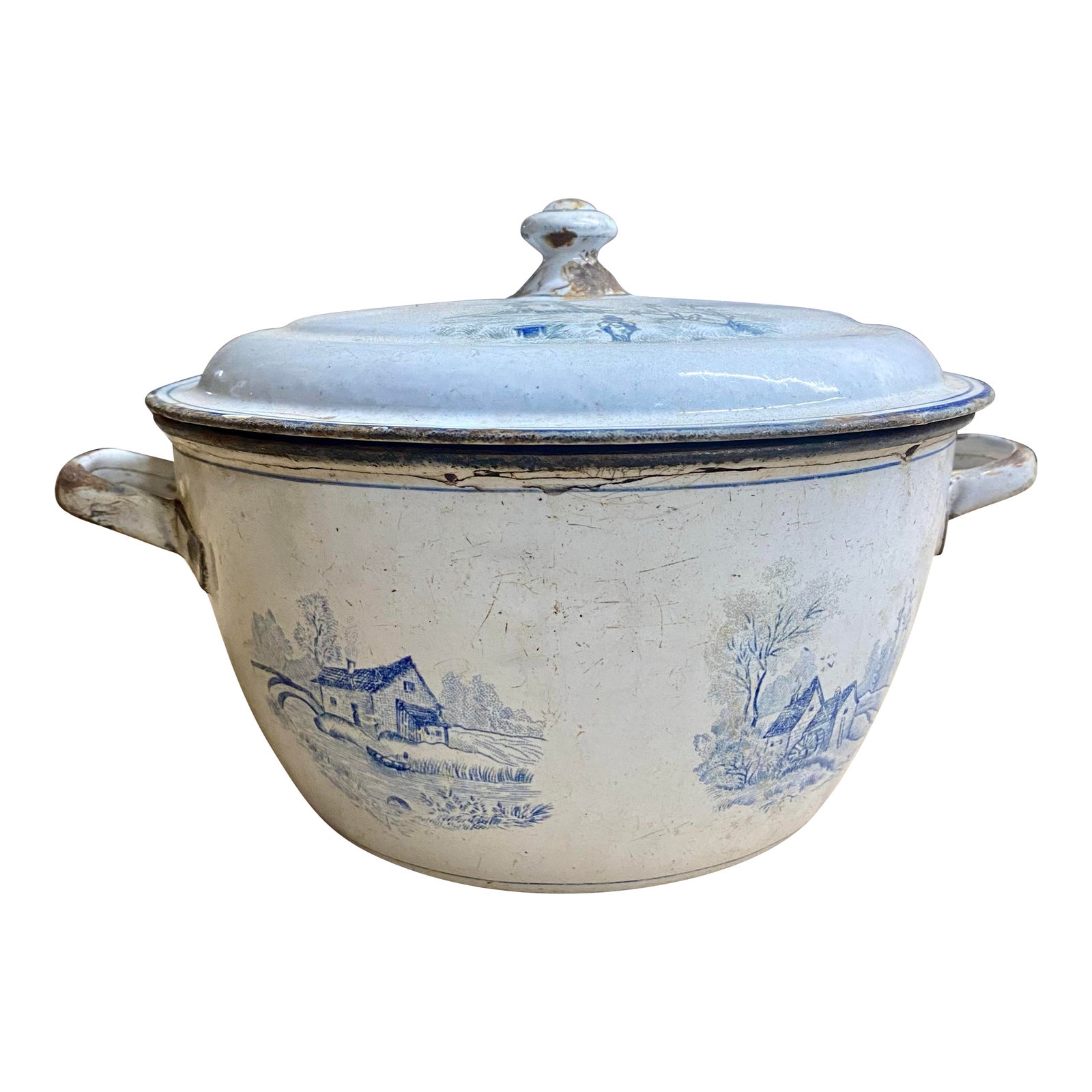 Vintage French Blue and White Enamelware Metal Pot With Lid | Chairish