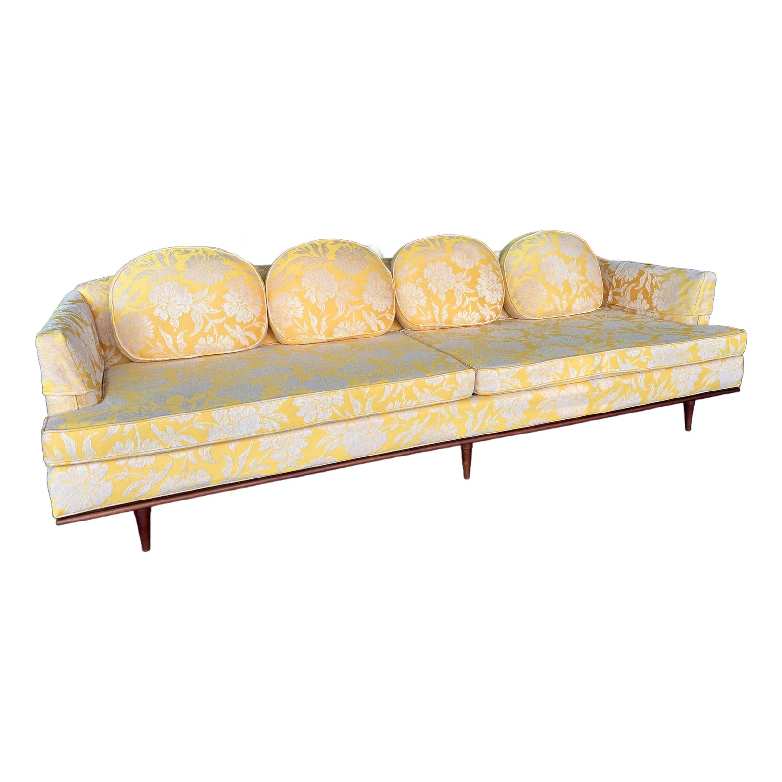 1950s Mid Century Walnut Trim Yellow Floral Sofa | Chairish