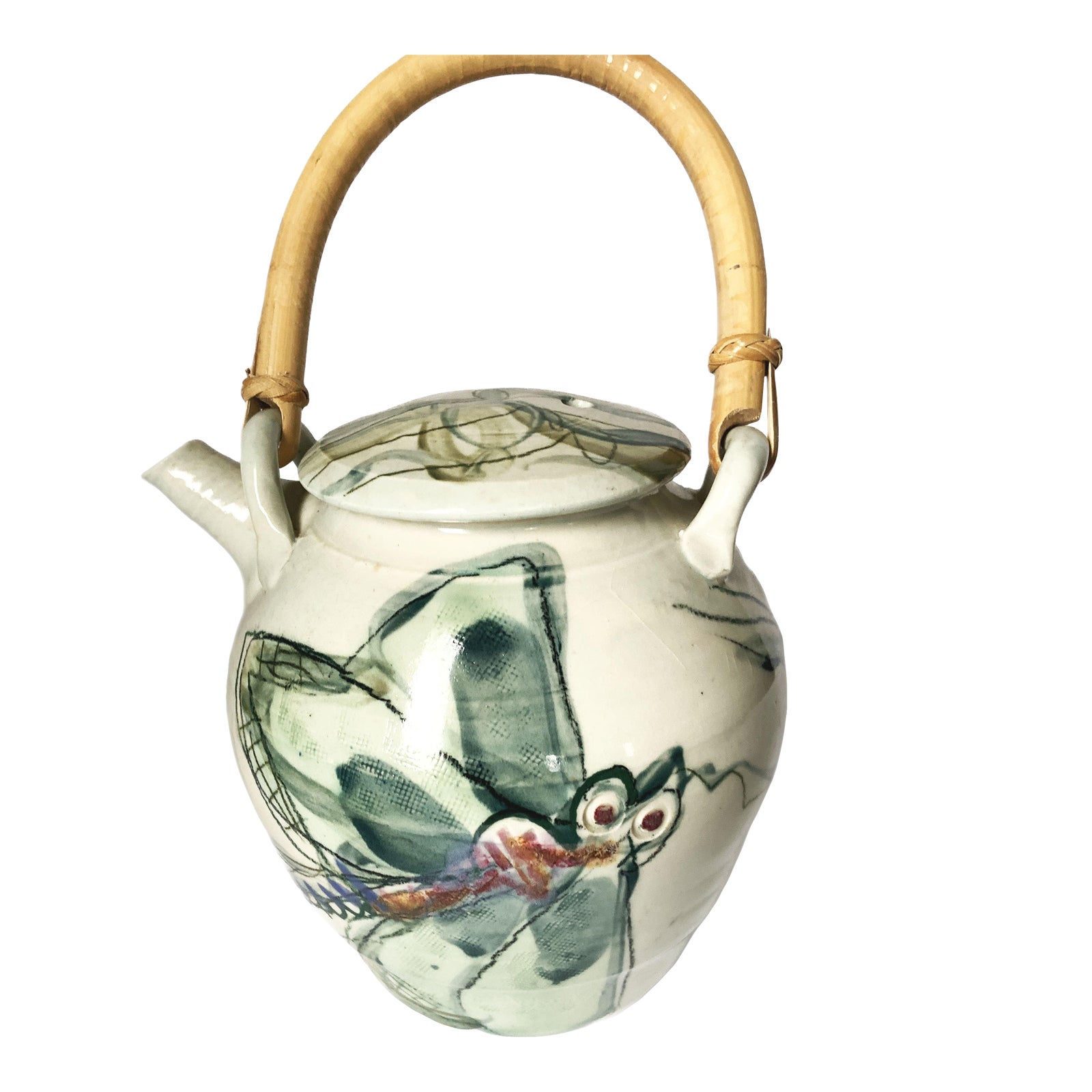 1990s Studio Pottery Hand Painted Dragonfly Bamboo Handle Tea Pot ...