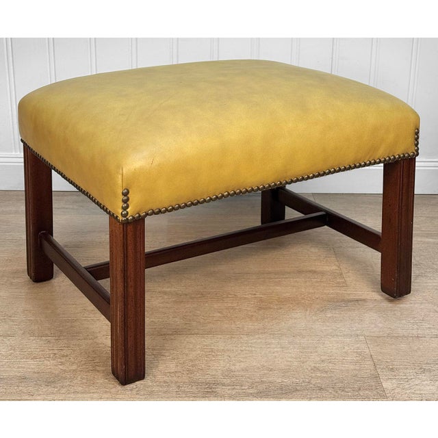 Vintage Traditional Gold Leather & Mahogany Ottoman | Chairish