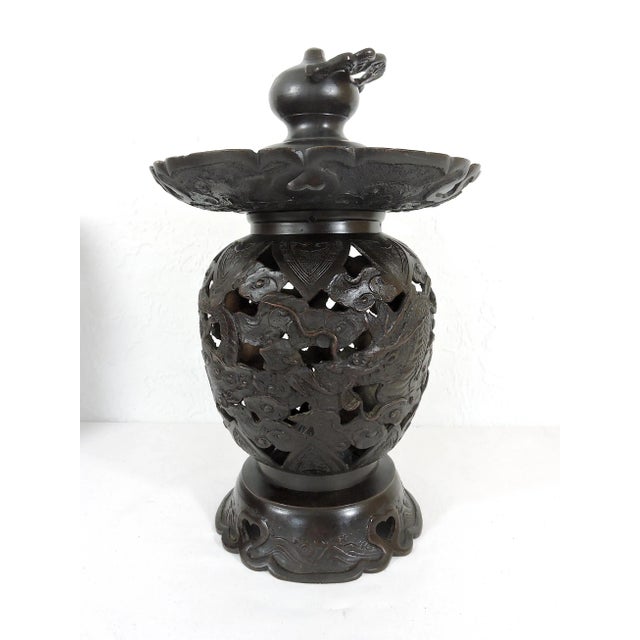 Old Japanese Bronze Reticulated Censer / Candle Lamp With Dragons and ...