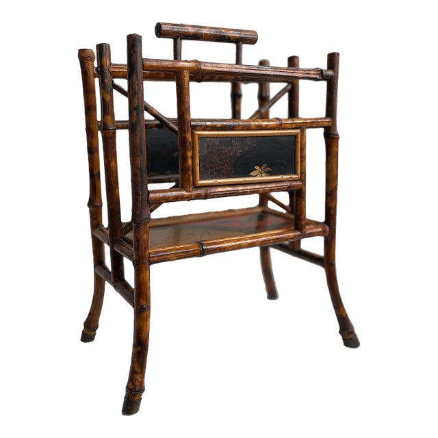 Vintage English Bamboo Magazine Rack With Japanese Painted Panels ...