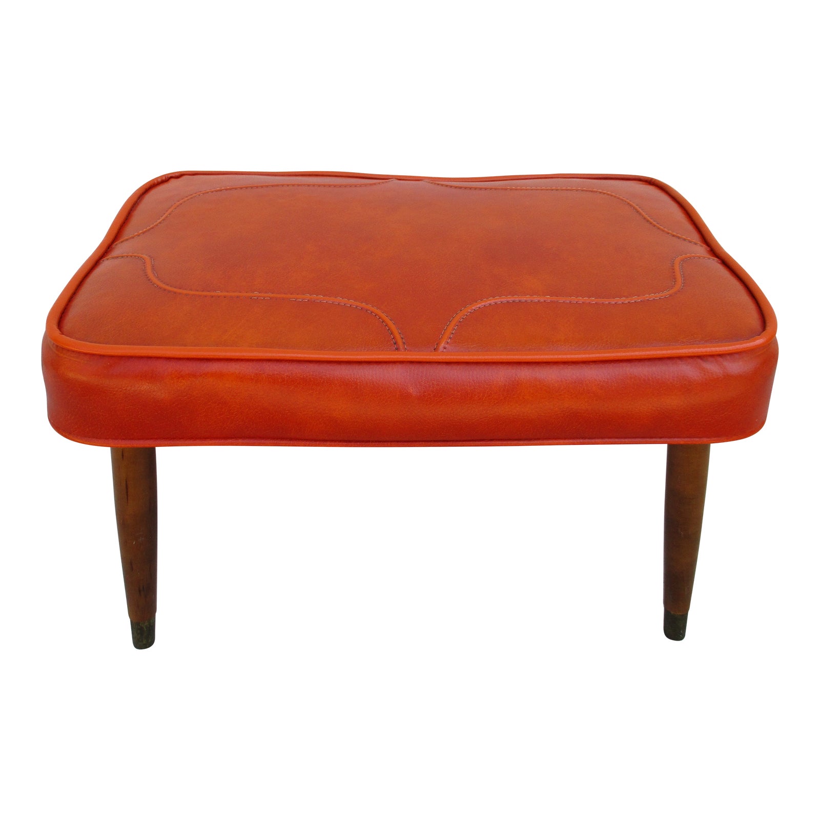 Mid Century Modern Orange Vinyl Footstool on Peg Legs | Chairish