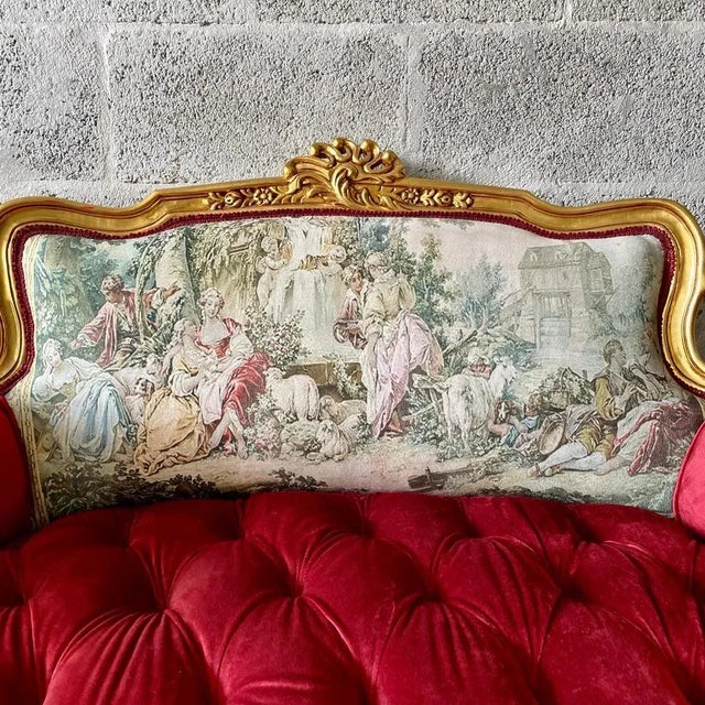 French Rococo Style Red Settee with Gold Leaf | Chairish