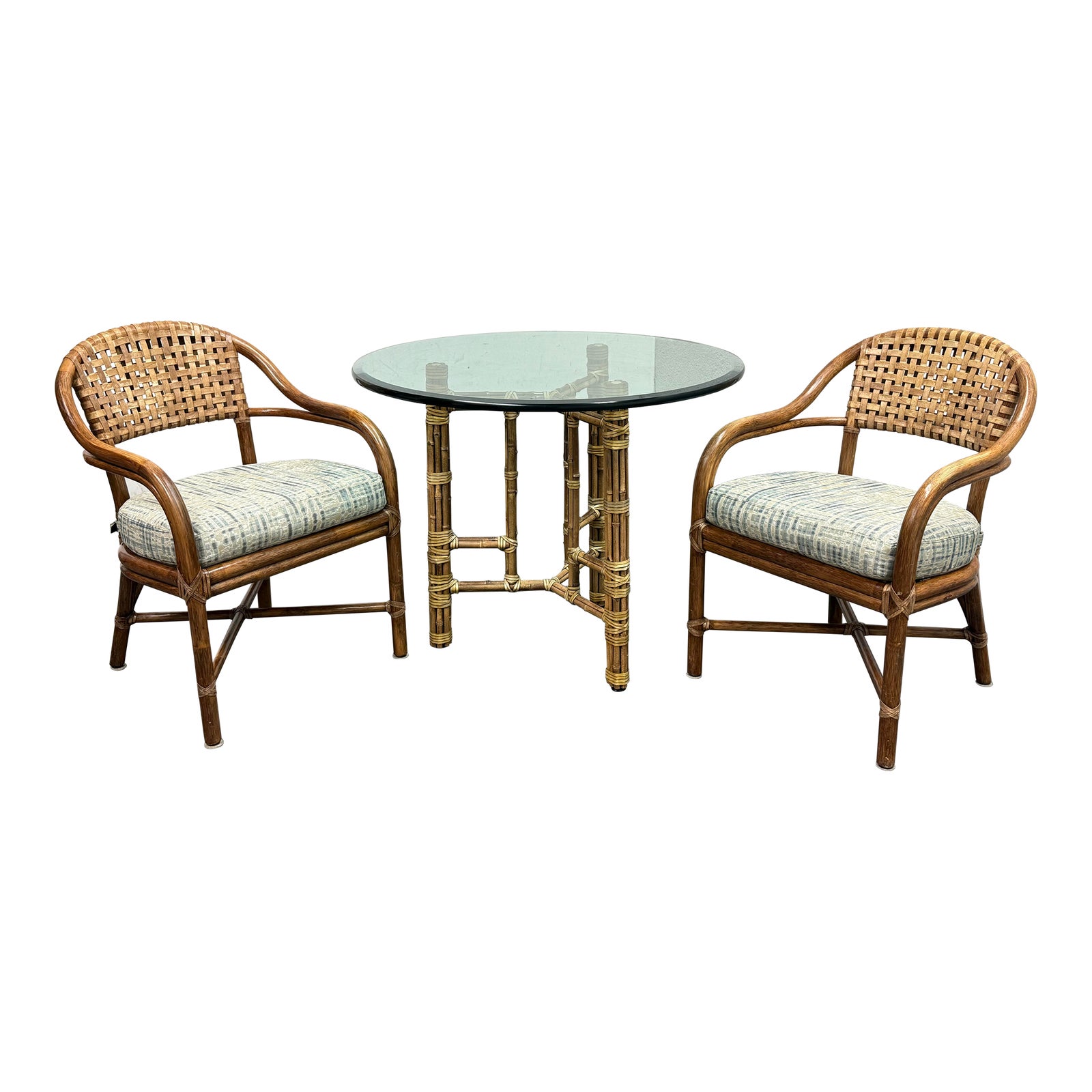 Late 20th Century McGuire Barrel Back Arm Chairs + Table , Set | Chairish
