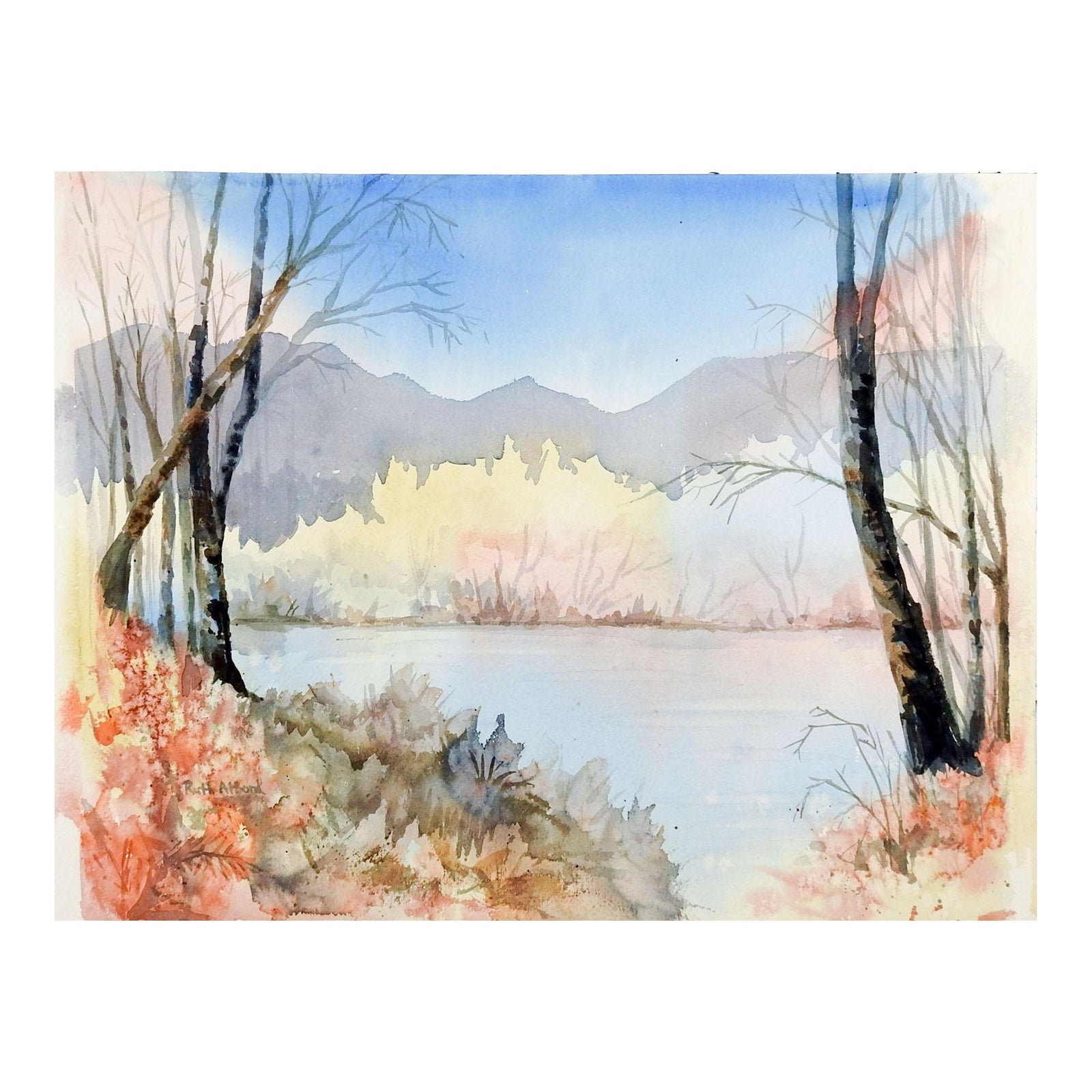 Lakeside Watercolor Painting in Pastel Colors | Chairish