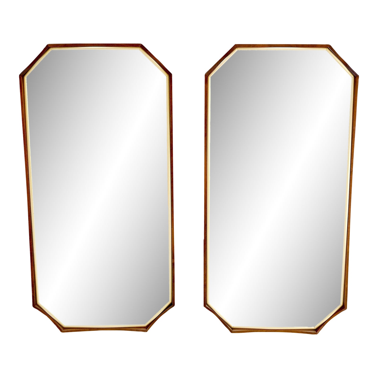 Oiled Walnut Frames Gold Trim Elongated Octagon Shape Wall Mirrors - A ...