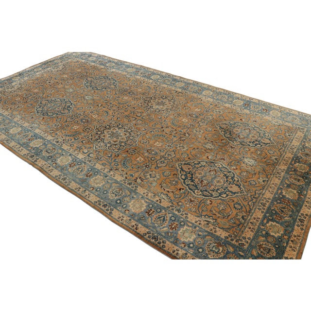 Hand-Knotted Antique Mashad Rug in Beige-Brown and Blue Floral Pattern ...