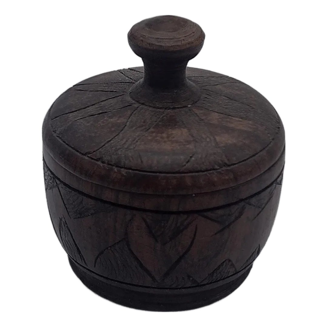 Mid 20th Century Petite Hand-Carved Dark Wood Round Lidded Trinket Box ...
