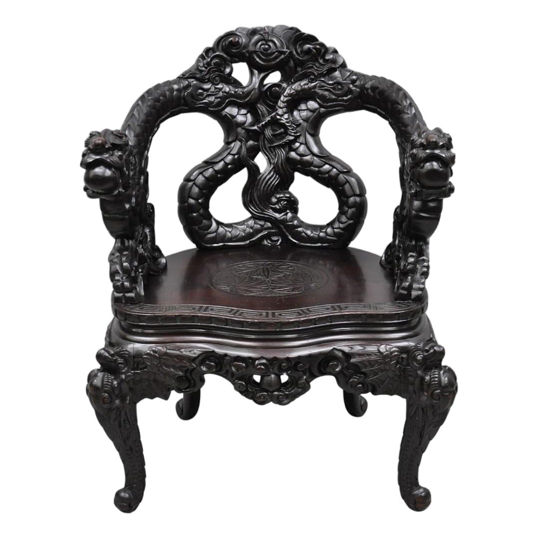 Antique Japanese Dragon Carved Wood Export Oriental Palace Lounge Arm ...