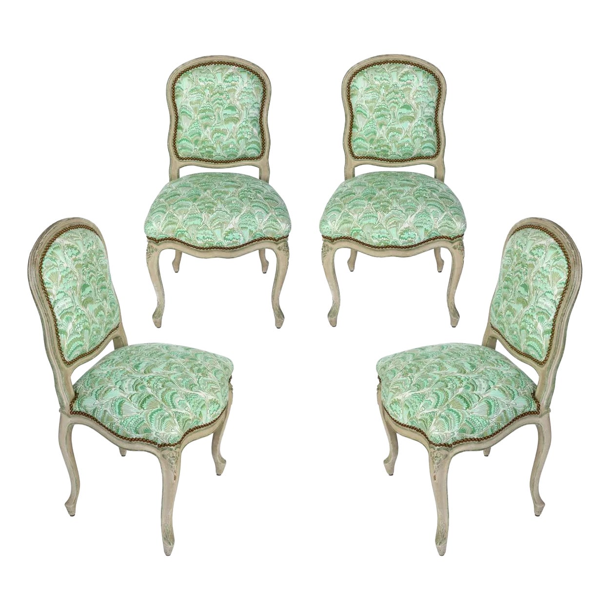Set of Four Louis XV Chairs With Minty Green Cockleshells Fabric | Chairish