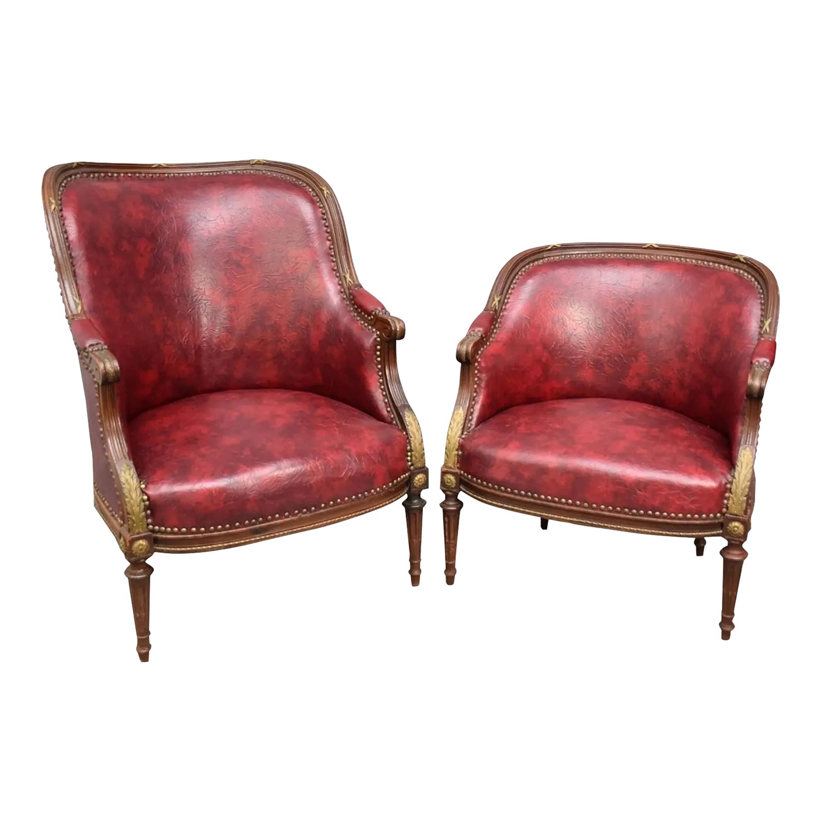Pair of Antique Mahogany & Leather Ladies & Gents Armchairs Brass ...