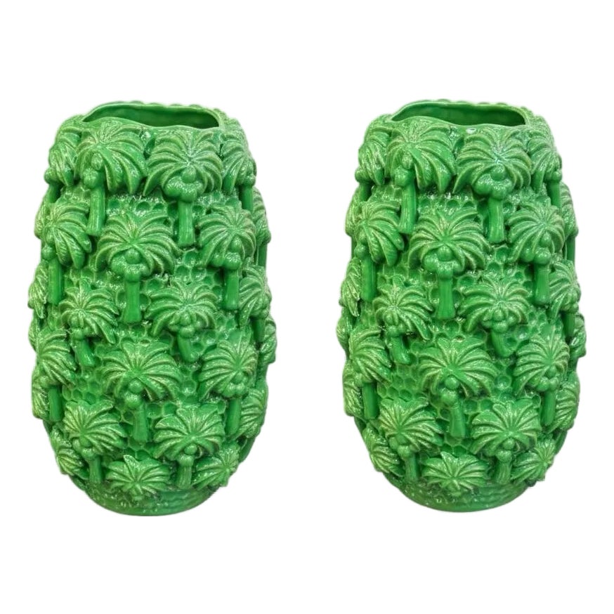 Vivid Emerald Ceramic Palm Tree Vases (Pair) | Chairish