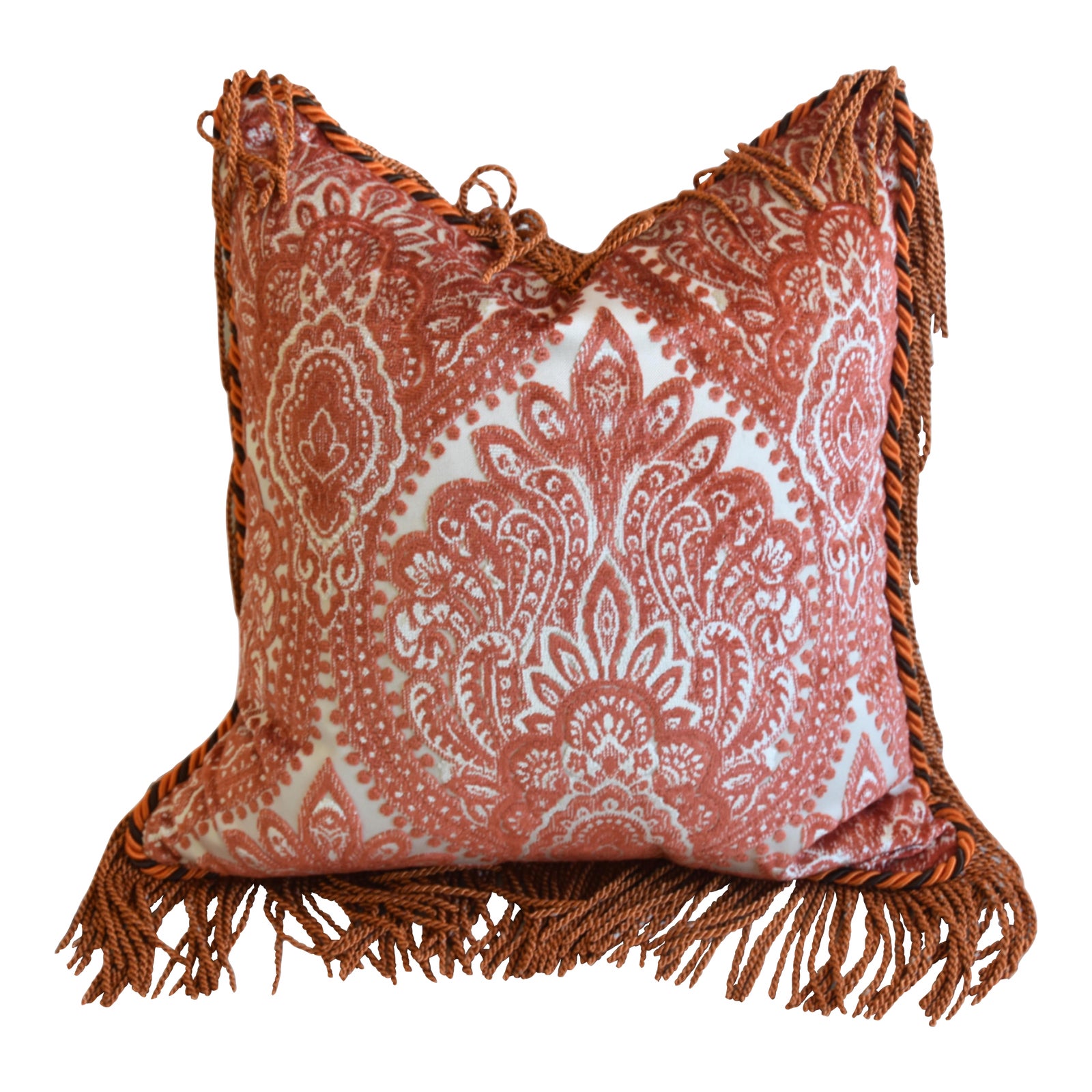 Tangerine Orange & White Floral Cord/Fringed Velvet Feather/Down Pillow ...