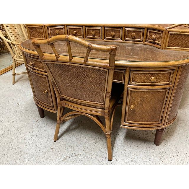 Rattan and Herringbone Woven Wicker Secretary Desk and Chair | Chairish