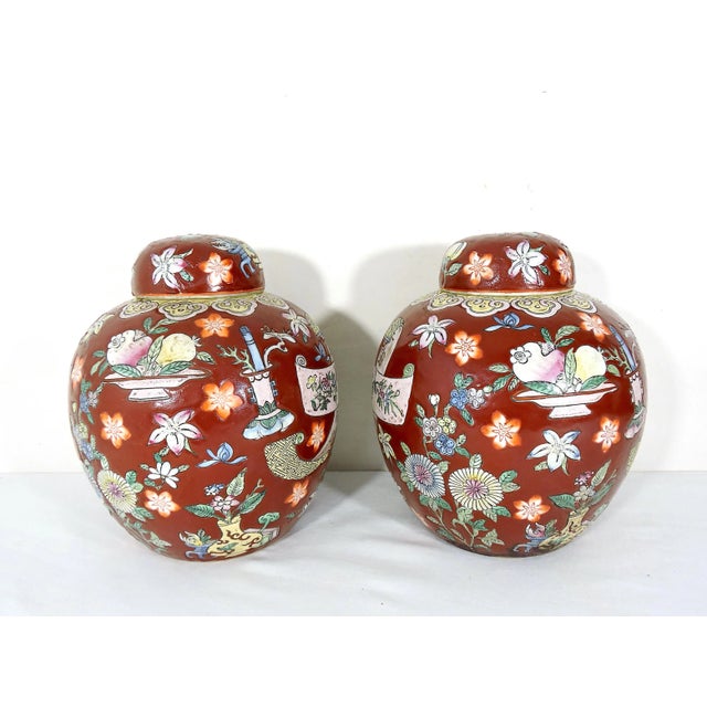 Vintage Persimmon Red Hong Kong Chinese Ginger Jars With Flowers ...