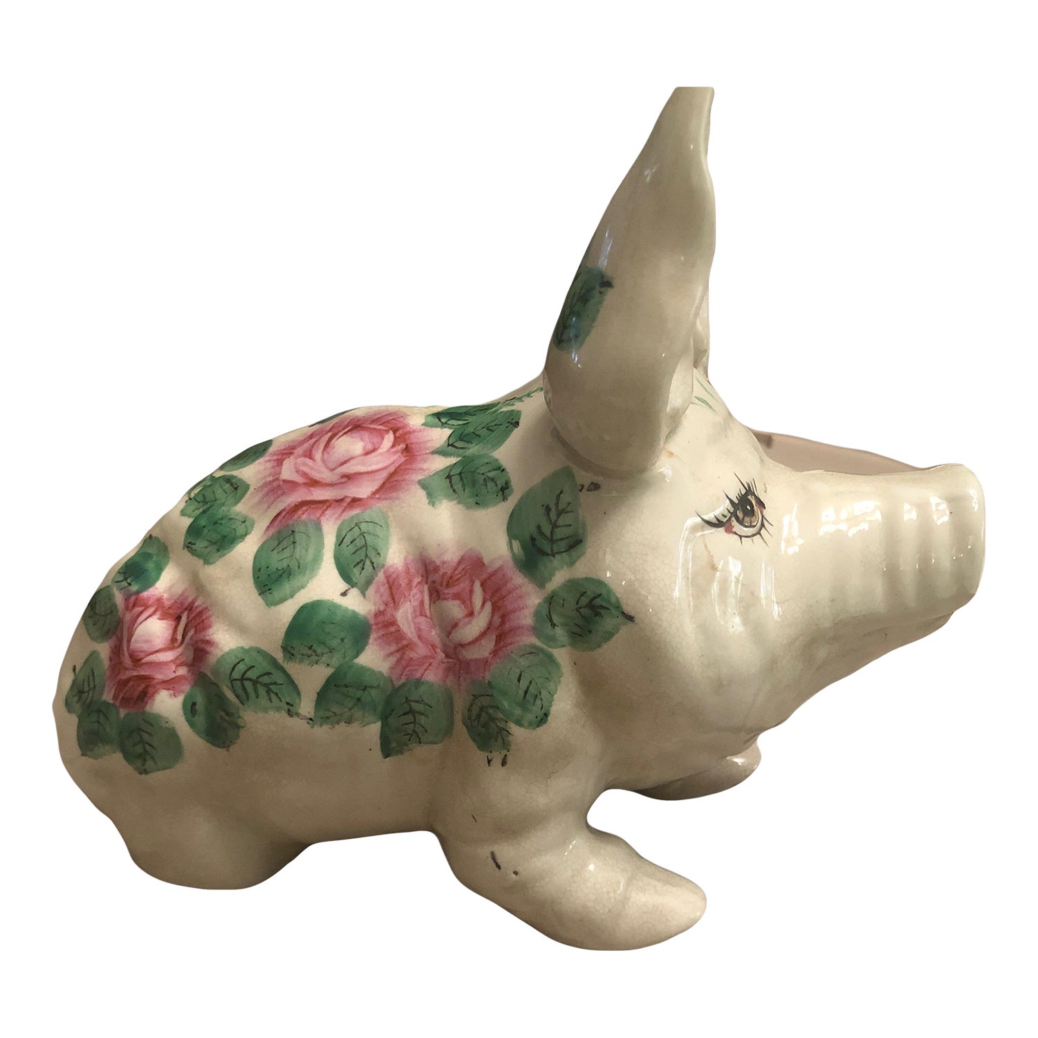 Early 20th Century Ceramic Pig With Flower Decoration | Chairish
