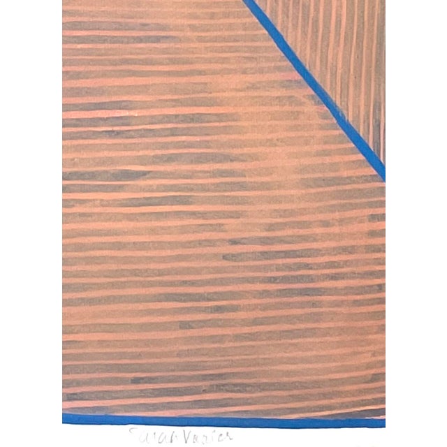 Abstract Pink Painting With Geometric Blue Lines | Chairish