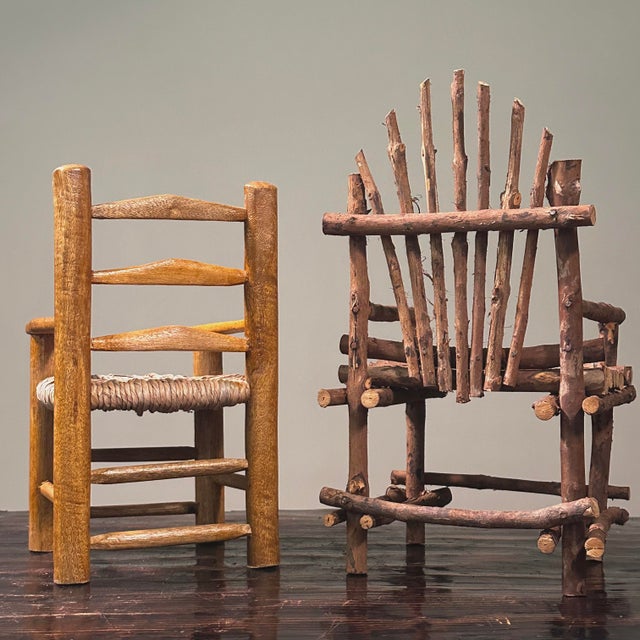 Vintage Pair of Miniature Chairs (Twig Chair and Rush Straw Seat Chair ...