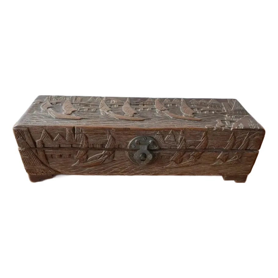 1940s Vintage Wooden Carved Music Box With Sailboats Motif | Chairish
