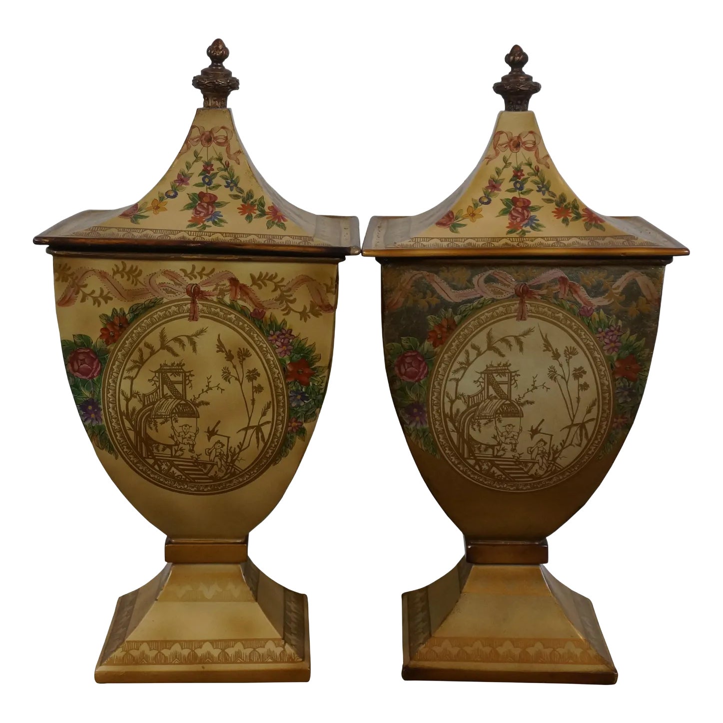 Set of 2 Vintage Chinoiserie Neoclassical Toleware Chestnut Trophy ...