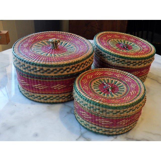 1960s Mid-Century Red & Green Nesting Baskets With Lids, - Set of 3 ...
