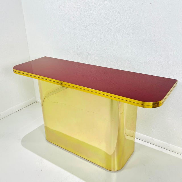 1980s Brass & Garnet Lacquer Flip Top Console Table | Chairish