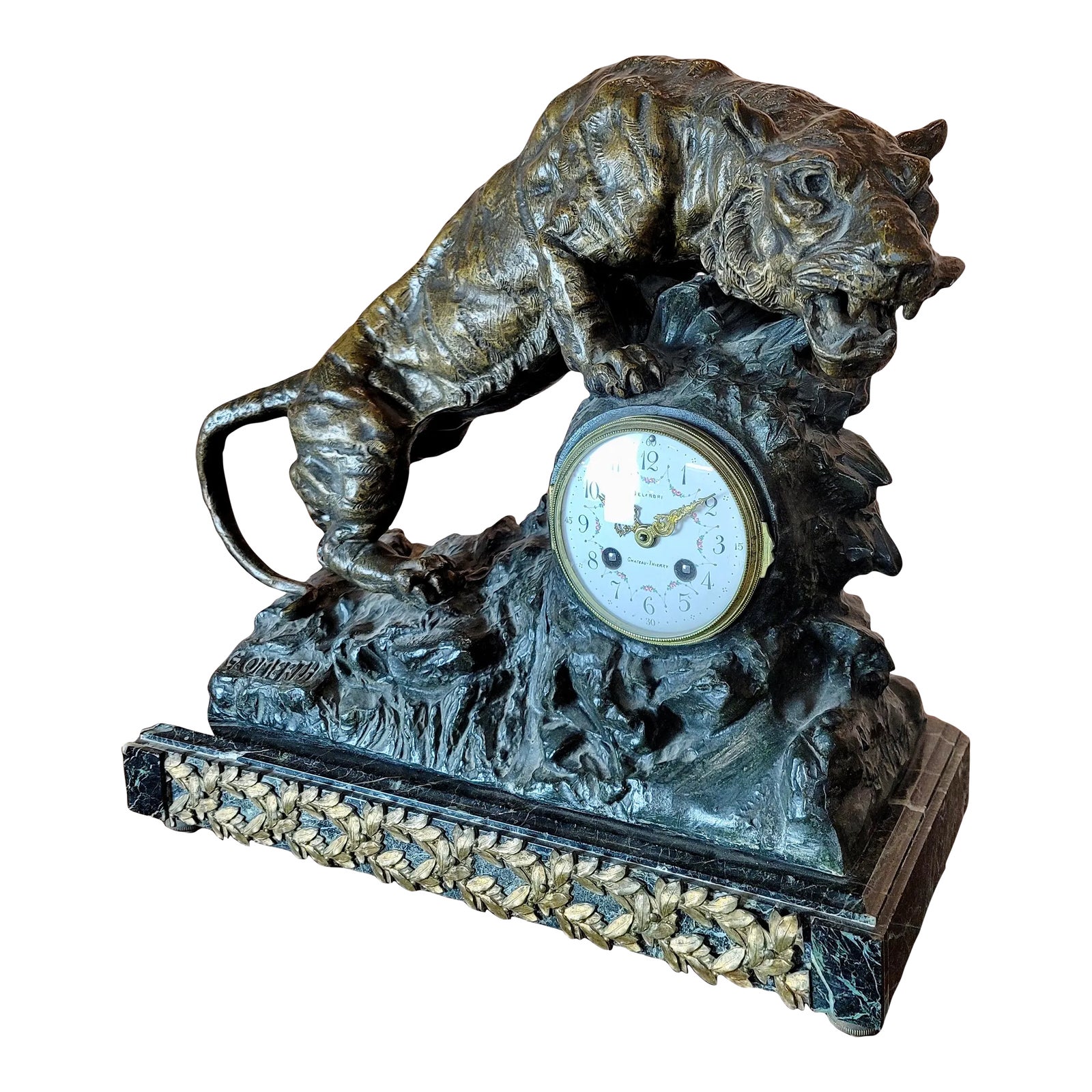 Geo Maxim 19th Century Mantle Clock With Tiger Sculpture | Chairish