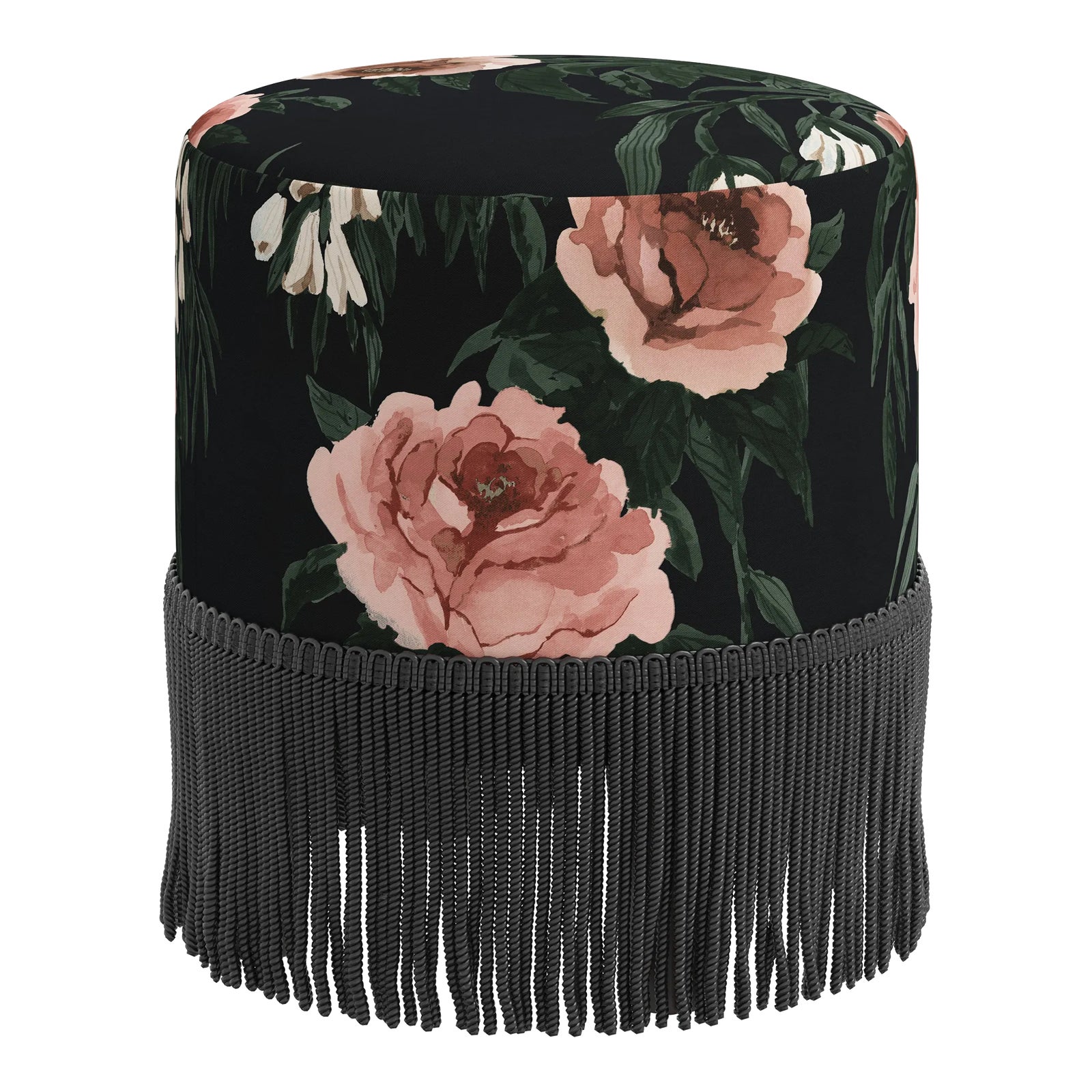 Fringe Ottoman in Silk Roses Black | Chairish