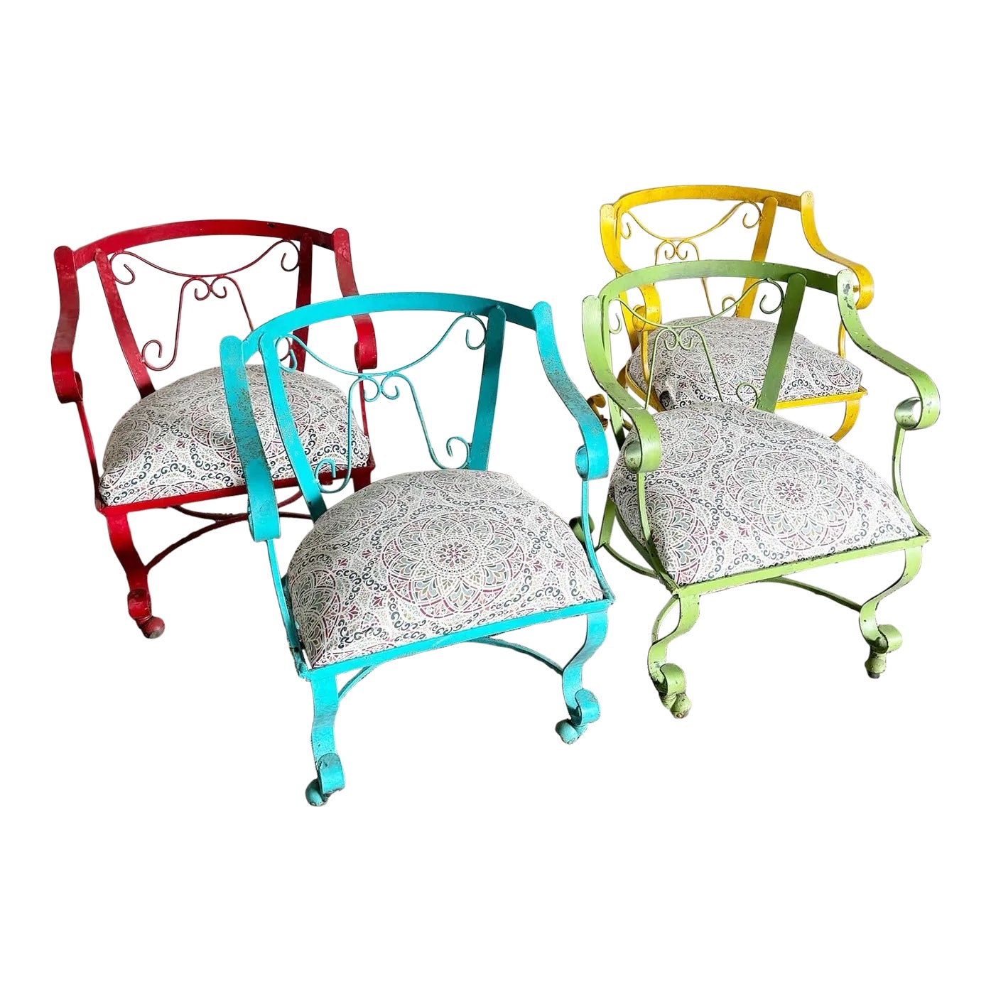 Wrought Iron Multi Colored Arm Chairs on Caster - Set of 4 | Chairish